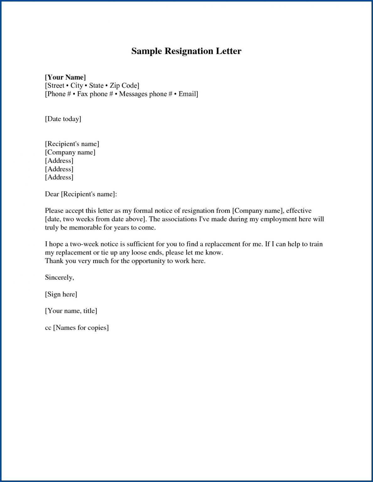 √ Free Printable Resignation Letter Two Weeks Notice