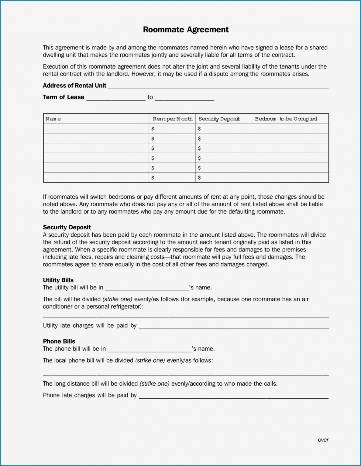 √ Free Printable Roommate Agreement Template