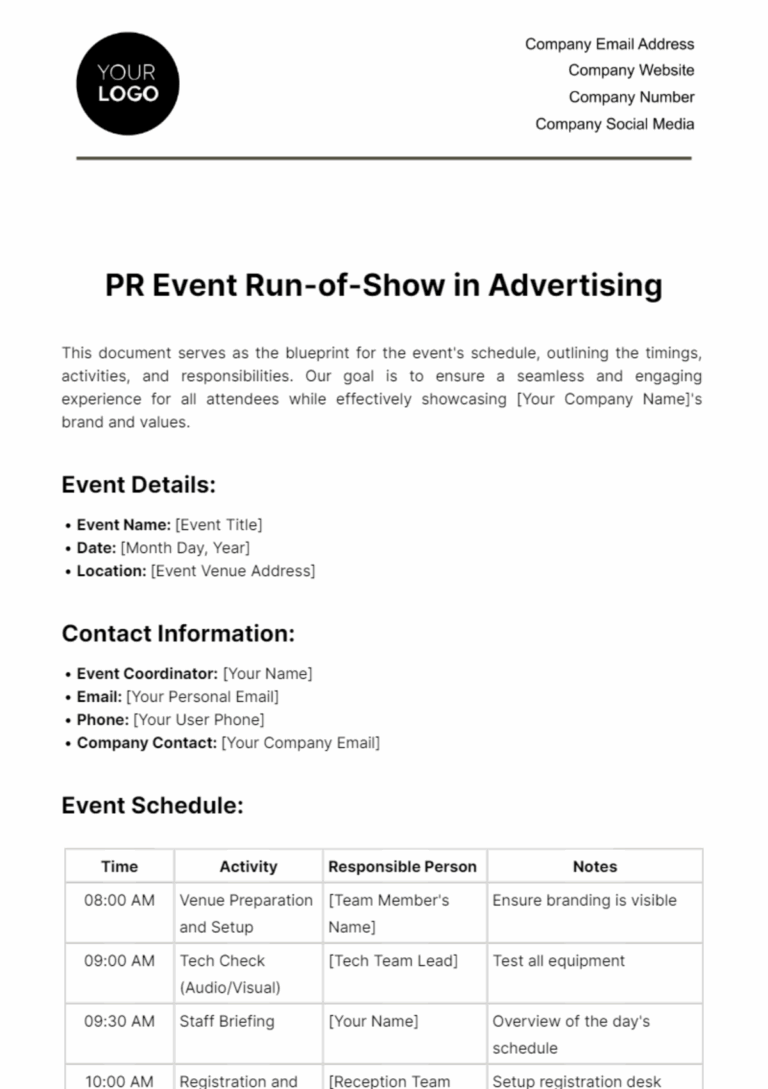 √ Customizable Run of Show Template (Word)
