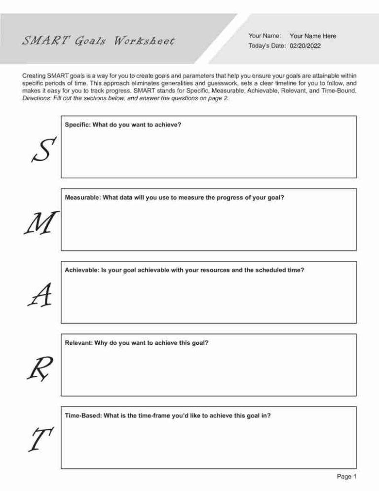 √ Printable SMART Goals Worksheet Template