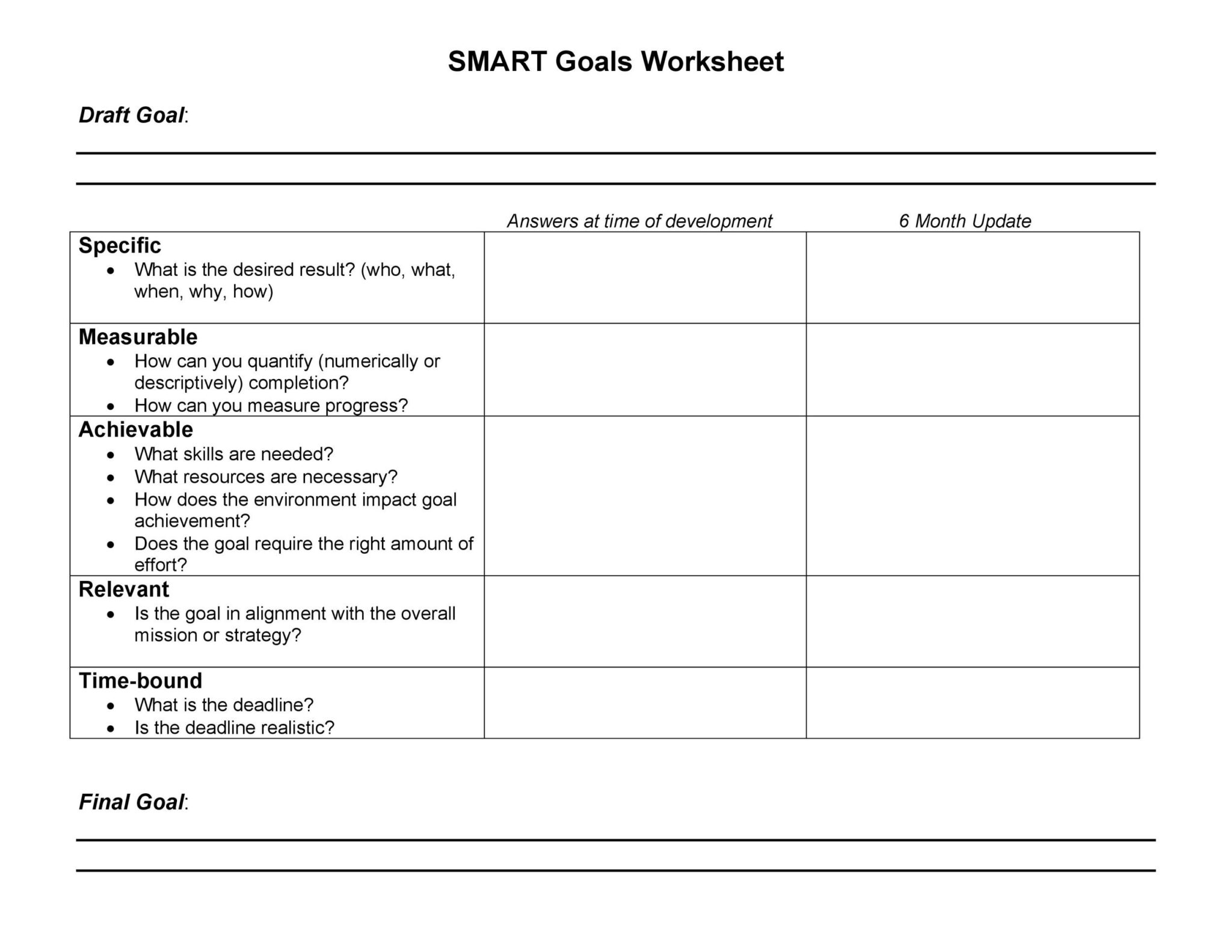 √ Printable SMART Goals Worksheet Template
