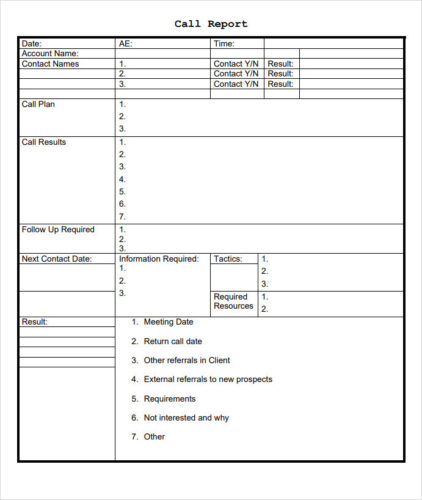 √ Printable Sales Call Report Template