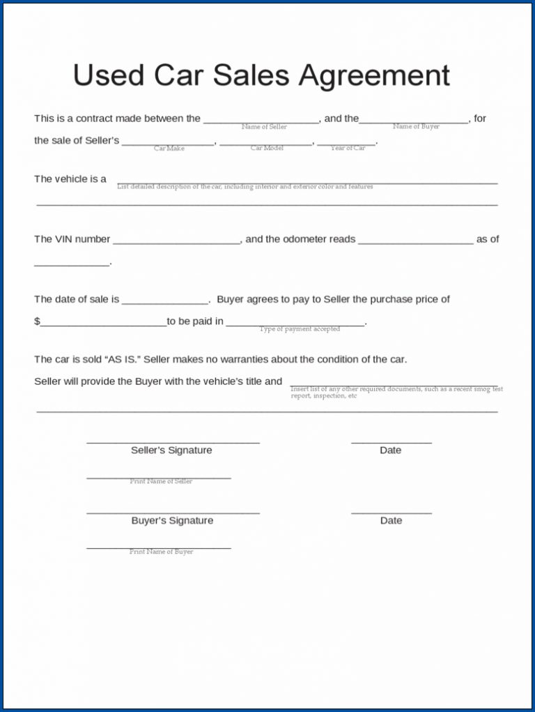 √ Free Printable Sales Contract For Car