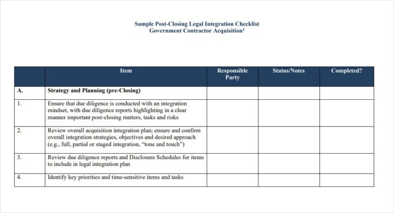 √ Free Printable Integration Checklist Template
