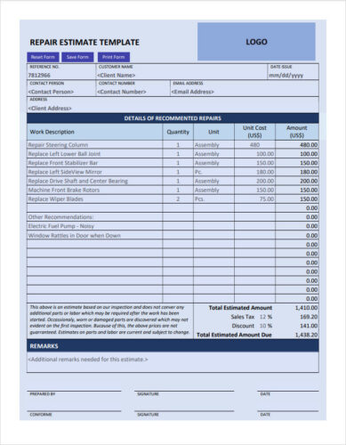 Sample of Auto Repair Estimate Template | Templateral