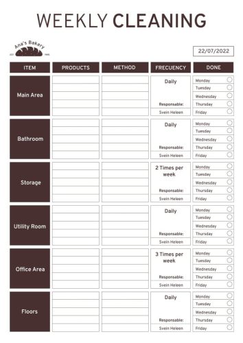√ Bakery Cleaning Checklist Template