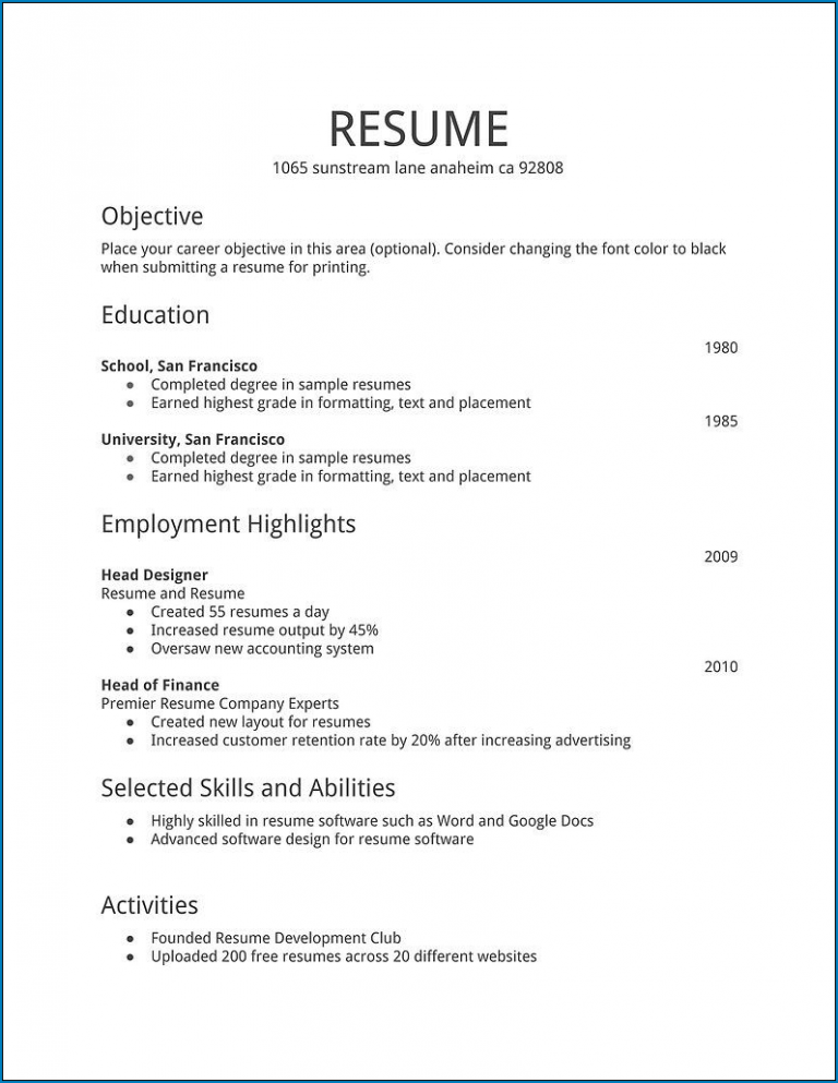 √ Free Printable Basic Resume Template