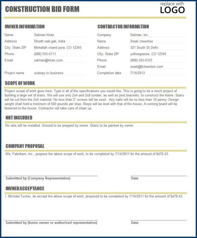 √ Free Printable Construction Bid Form