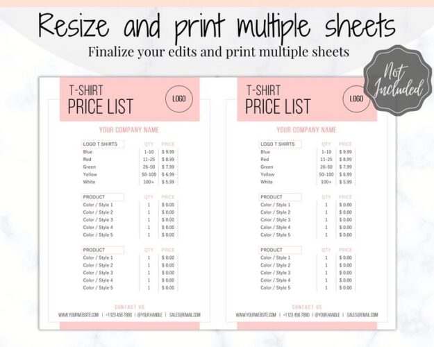 √ Custom T-Shirt Price List Template