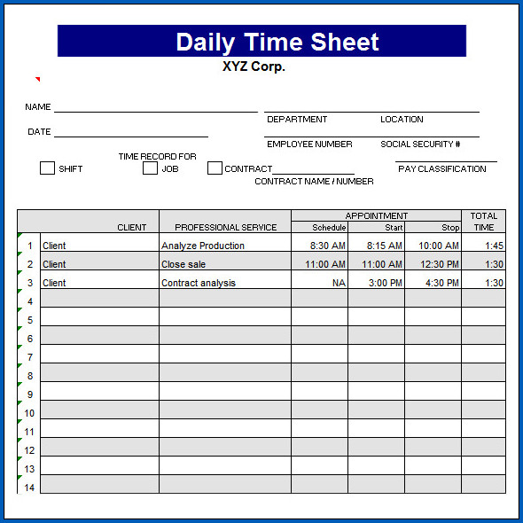  Free 4 Samples Of Daily Timesheet Template Excel