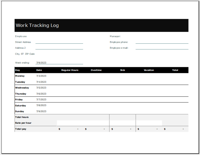 √ Employee At Home Work Tracking Log Template