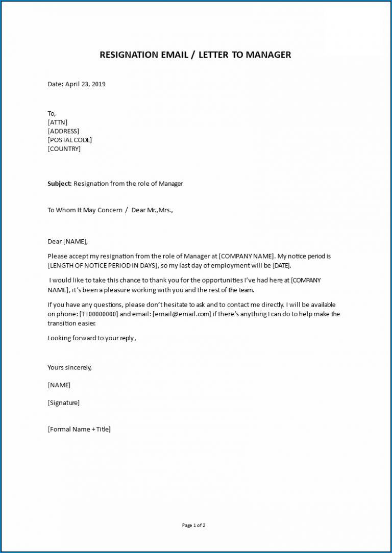 √ Free Printable Employment Resignation Letter Template