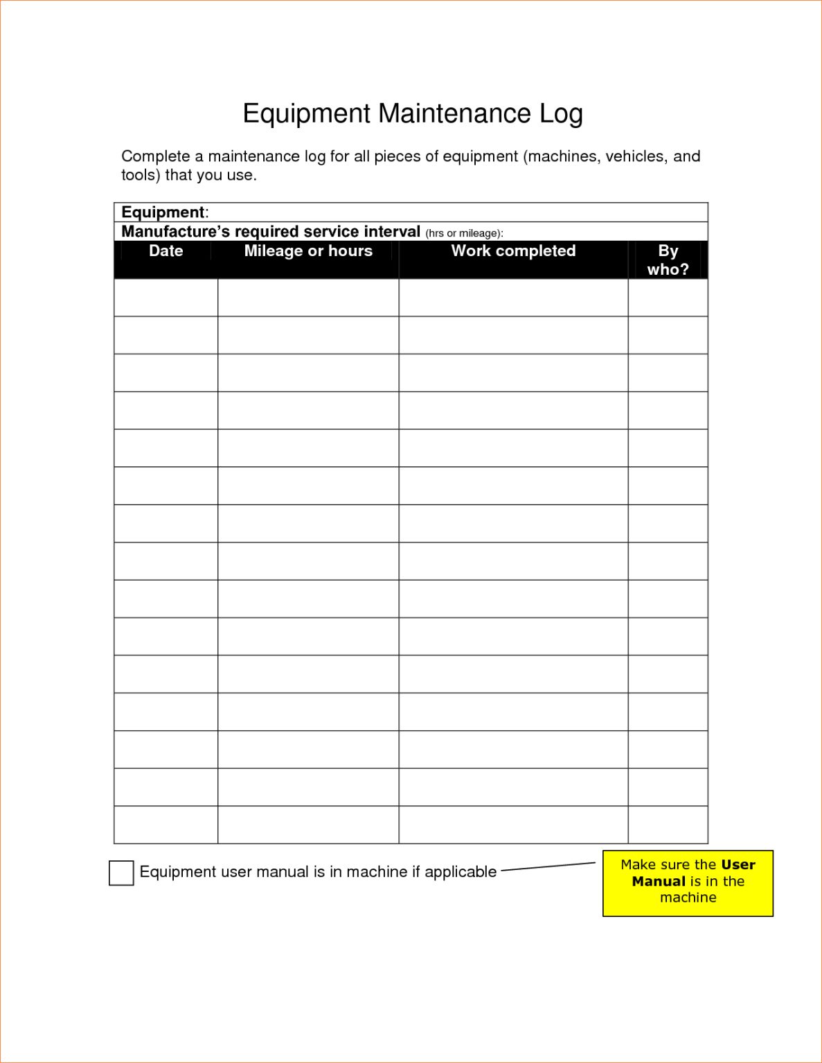 √ Farm Equipment Maintenance Sheet Template