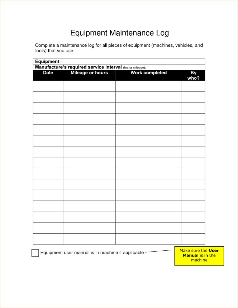 √ Farm Equipment Maintenance Sheet Template