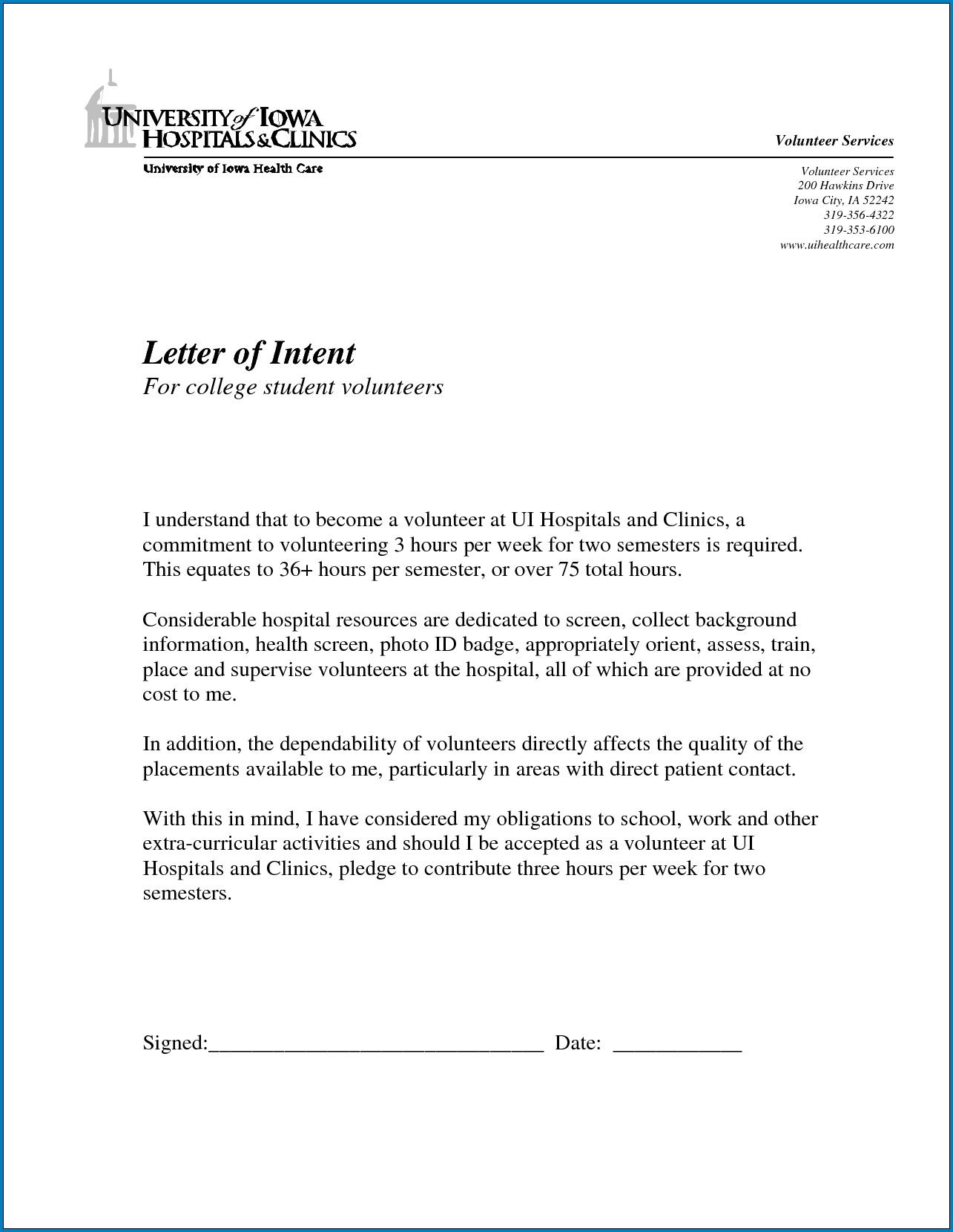  Free Printable Letter Of Intent For College Templateral