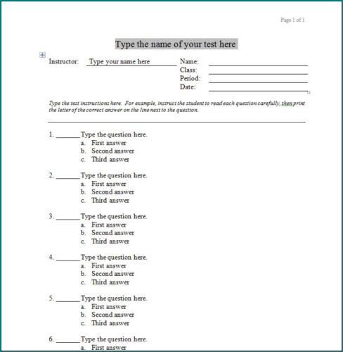 √ Multiple Choice Quiz Template (Word)