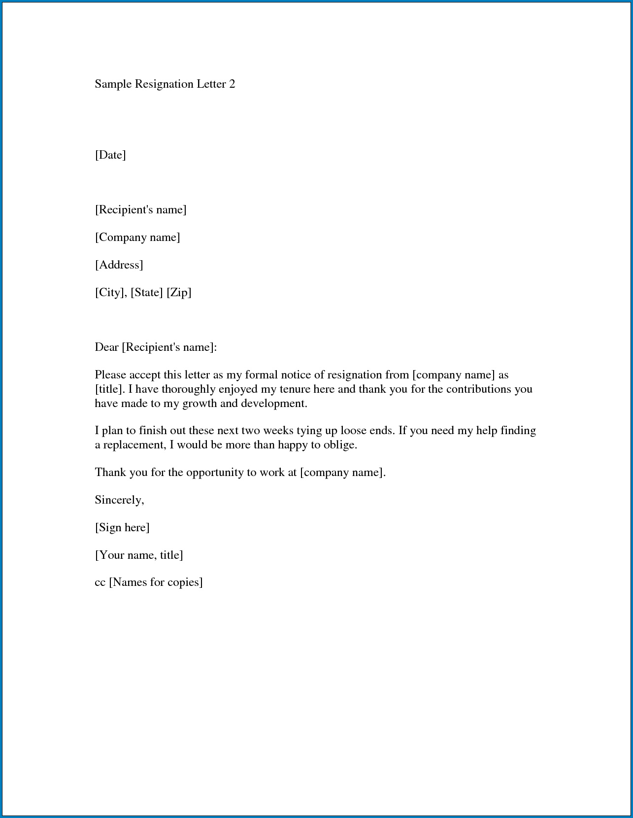  Free Printable Official Letter Of Resignation Template
