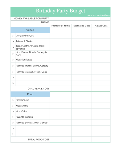 √ One Day Party Budget Worksheet Template