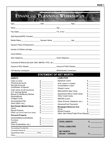 √ One-year Financial Planning Worksheet Template