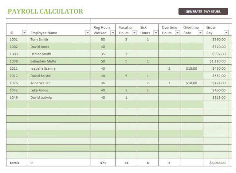 Sample of Payroll Calculator Template | Templateral