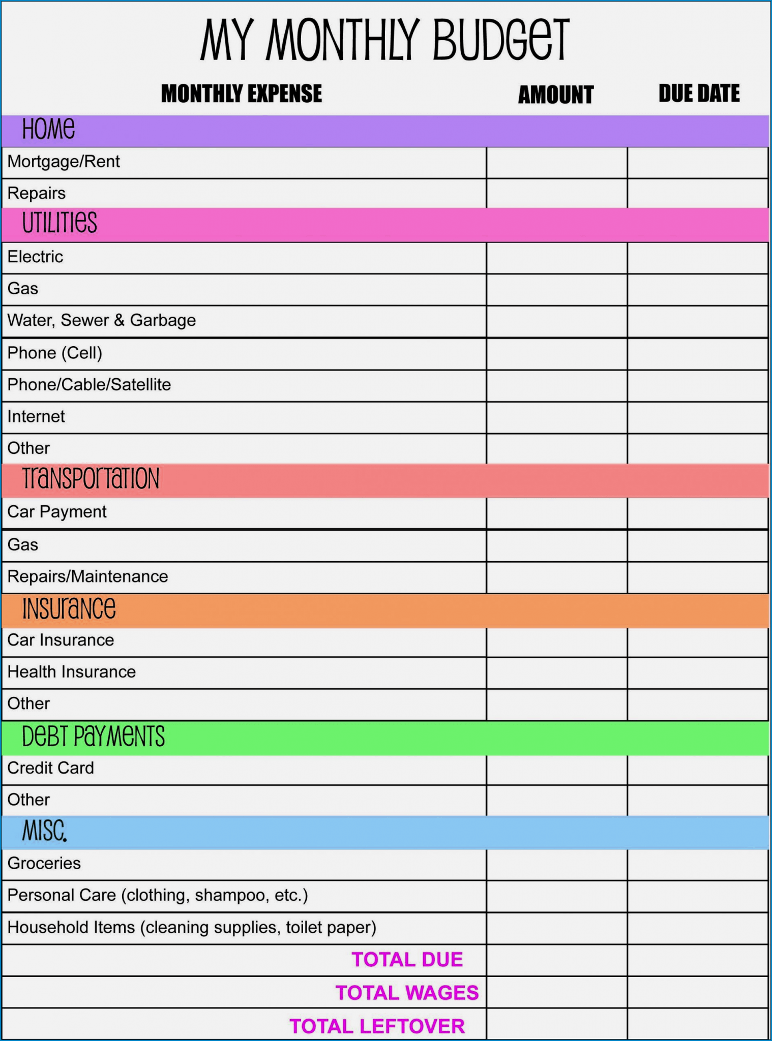 √ Free Printable Personal Budget Template