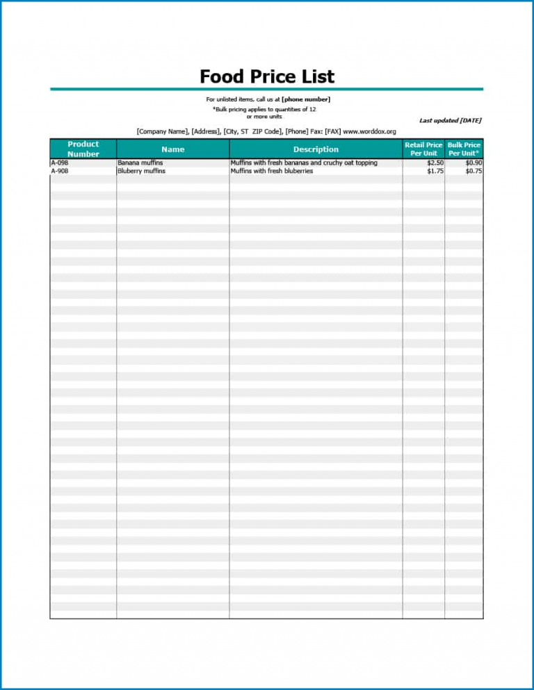 √ Free Printable Price List Template