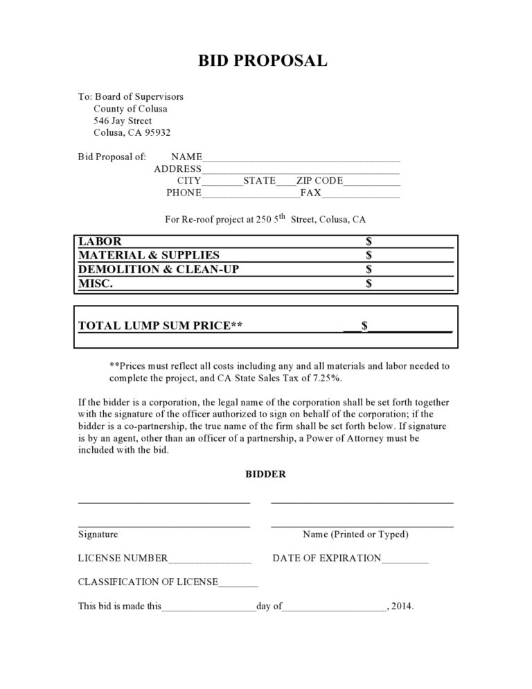 √ Printable Bid Proposal Template