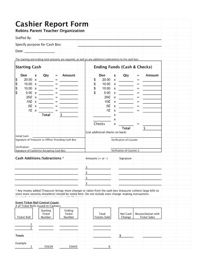 √ Printable Closing Cash Register Template