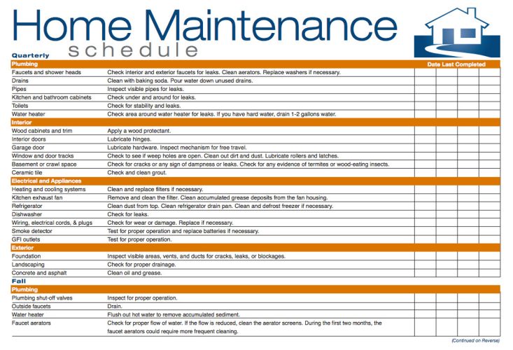 Sample of Printable Home Maintenance Schedule Template | Templateral
