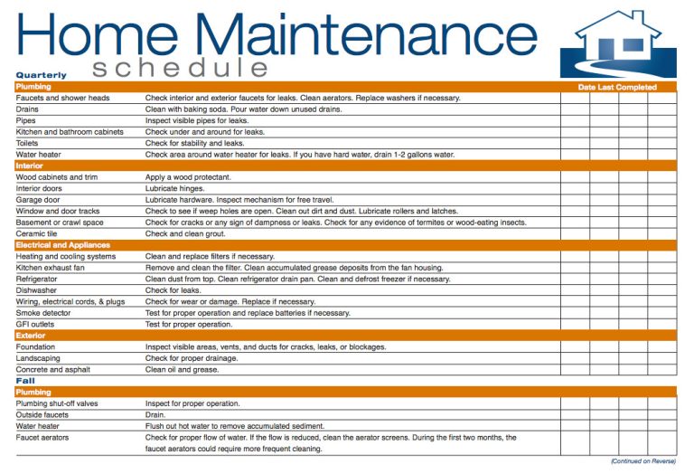 Sample of Printable Home Maintenance Schedule Template | Templateral
