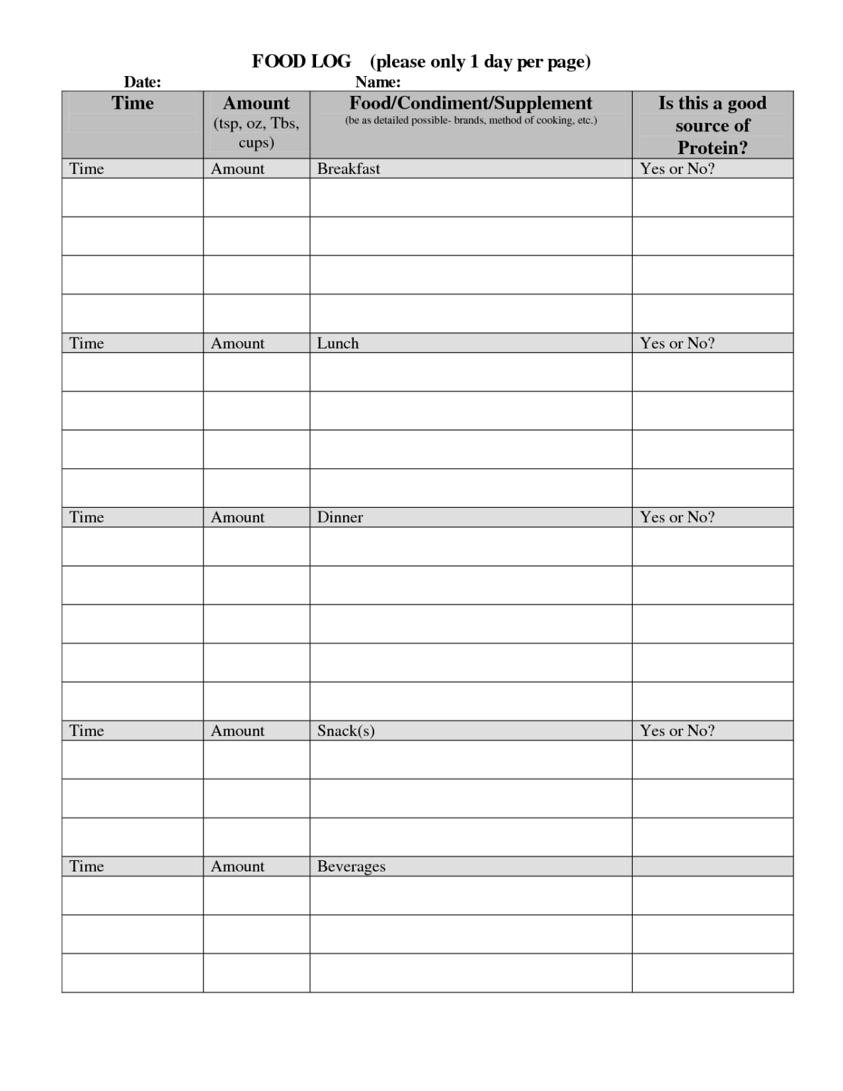 √ Printable Meal Log Template