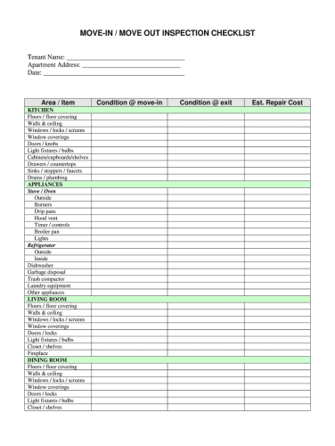 Sample of Printable Move in Checklist Template | Templateral