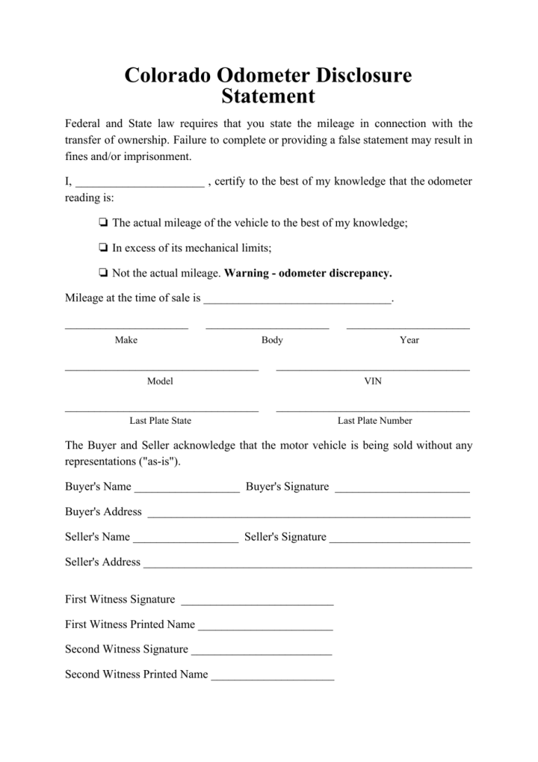Sample of Printable Odometer Disclosure Statement Form | Templateral