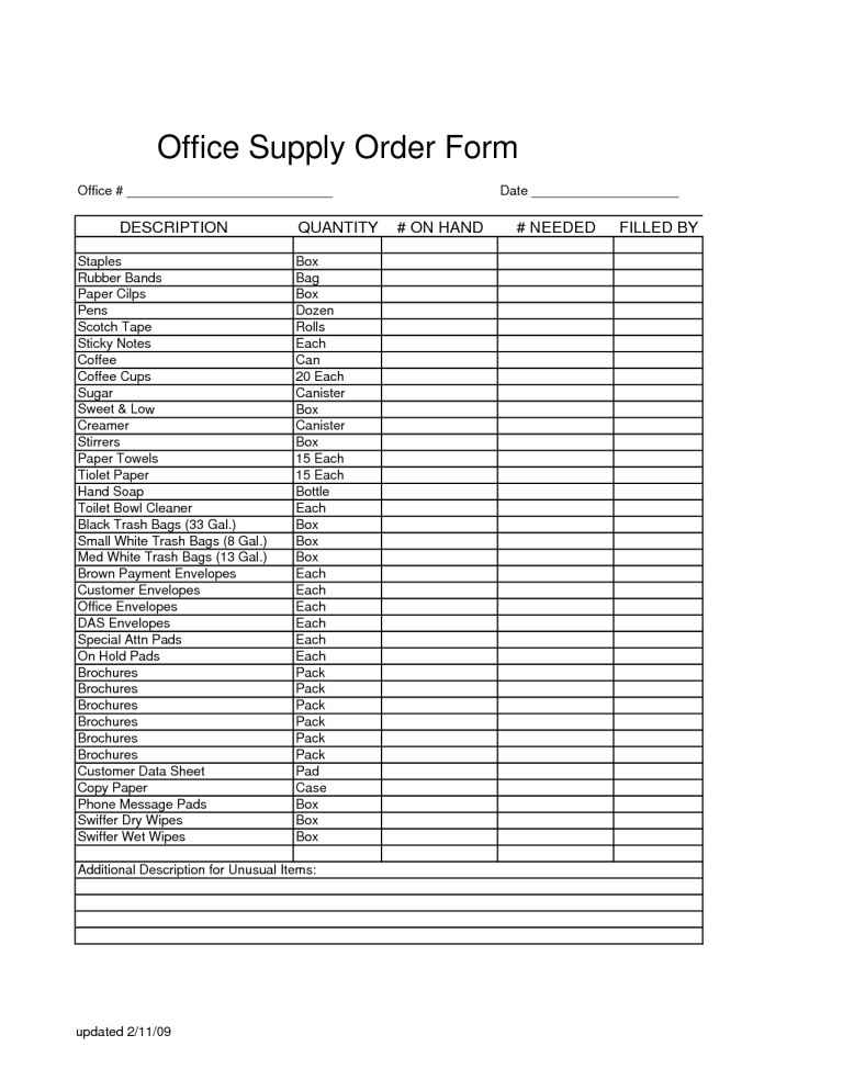 Sample of Printable Supply Order Sheet Template | Templateral