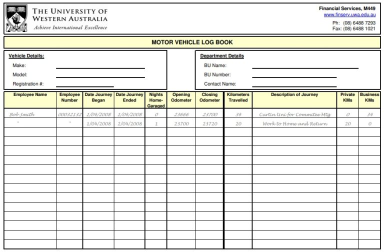 √ Printable Vehicle Log Book Template