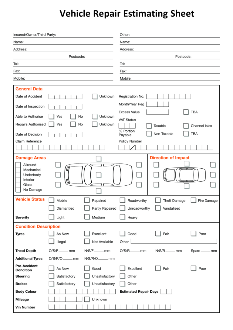 √ Printable Vehicle Repair Estimate Template