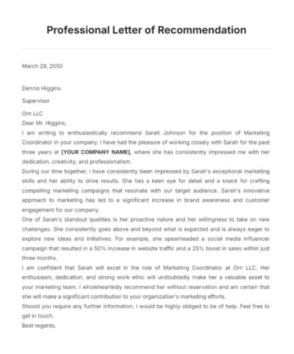 Sample of Professional Letter of Recommendation Template | Templateral