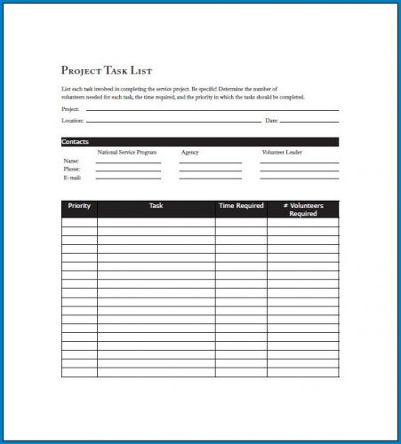 √ Free Printable Project Task List Template