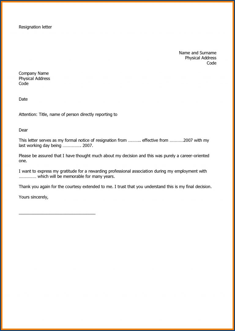 √ Free Printable Resignation Letter For Job