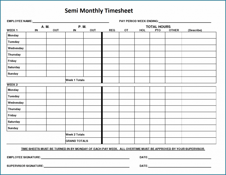 √ Free Printable Semi Monthly Timesheet Template