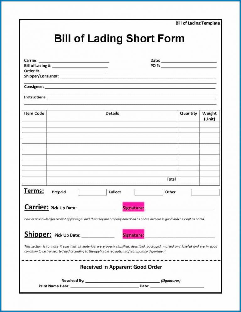  Free Printable Short Form Bill Of Lading Templateral