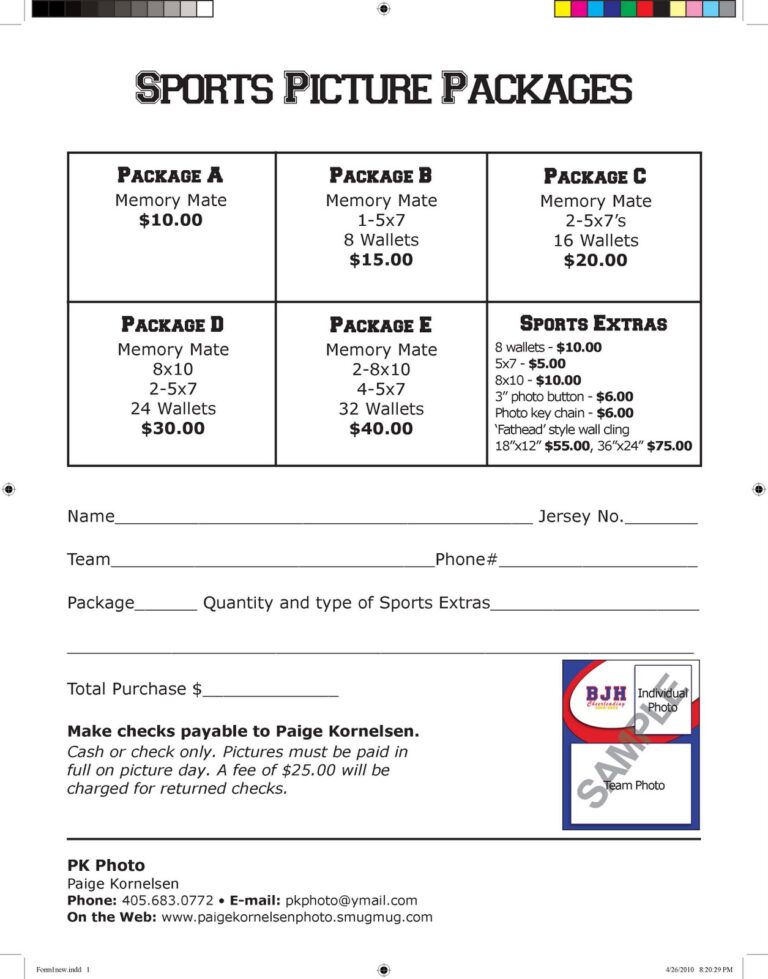 √ Sports Photography Price List Template