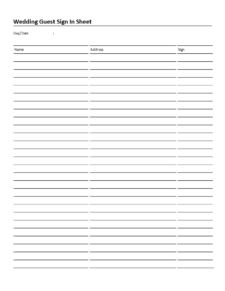 Sample of Wedding Guest Sign in Sheet Template | Templateral