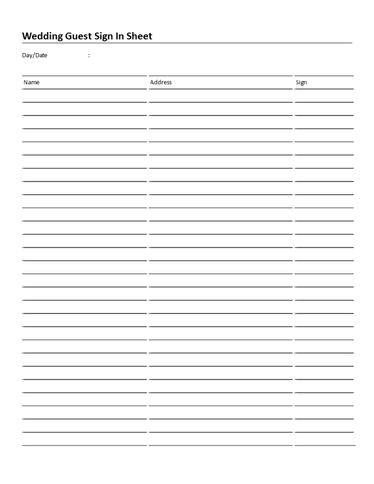 Sample of Wedding Guest Sign in Sheet Template | Templateral