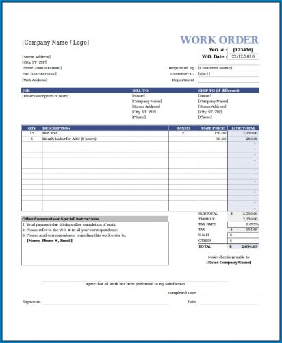 √ Free Printable Work Order Template