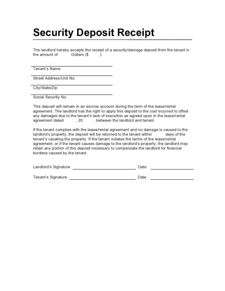 √ Security Deposit Receipt Template