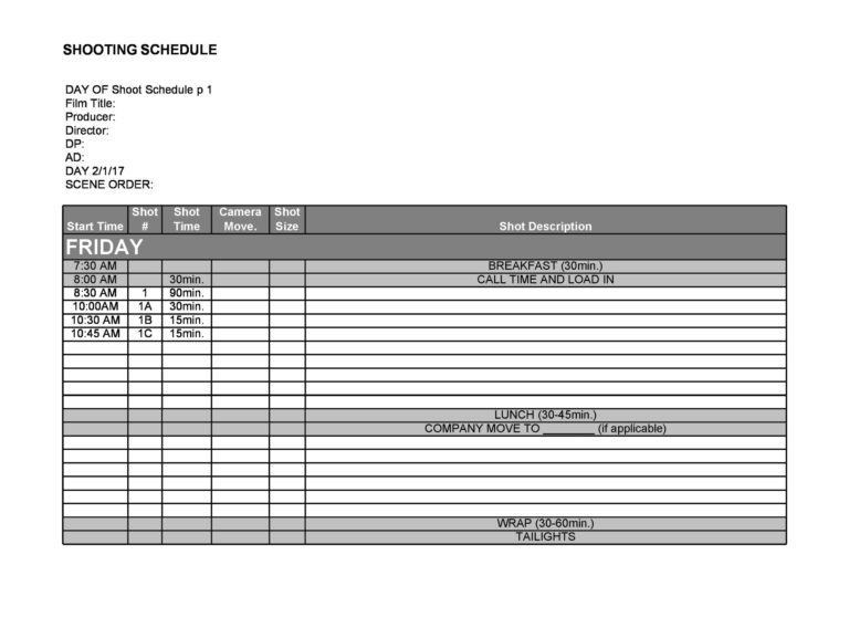 √ Free Shooting Schedule Template (Excel)