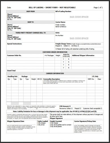  Free Printable Short Form Bill Of Lading