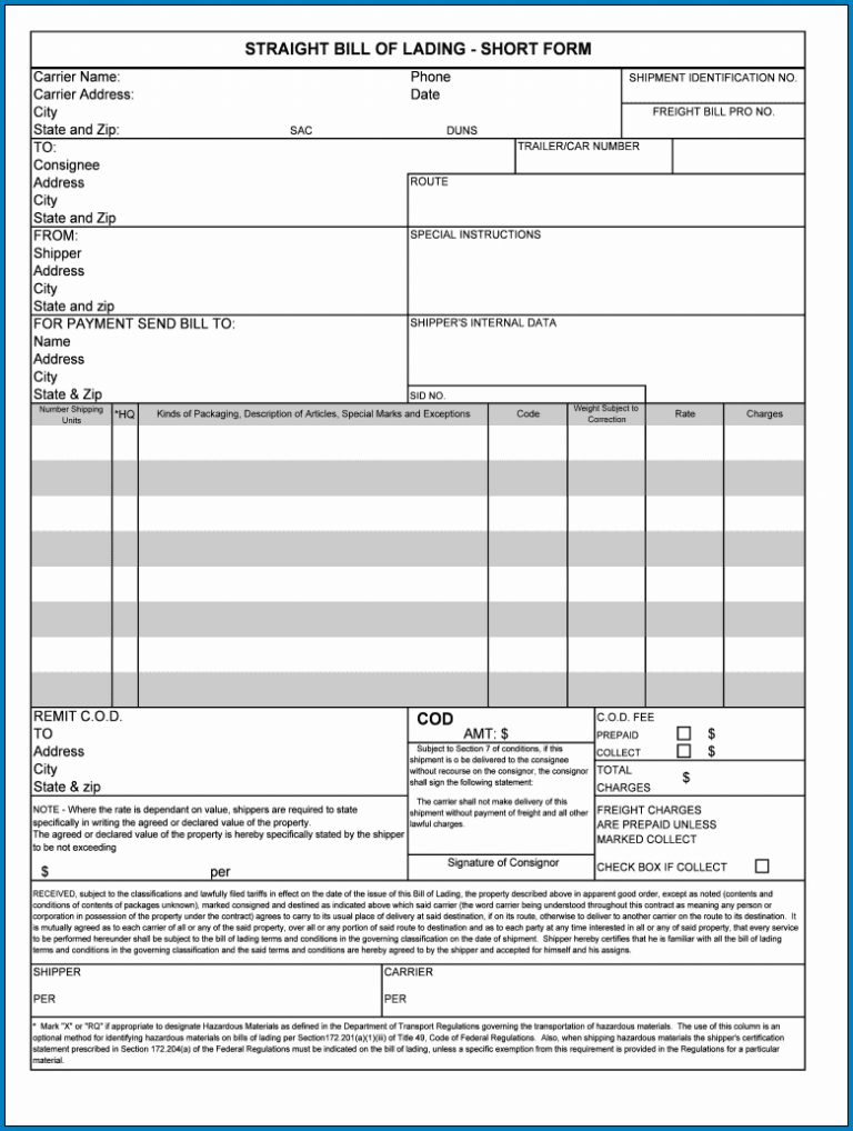 √ Free Printable Short Form Bill Of Lading