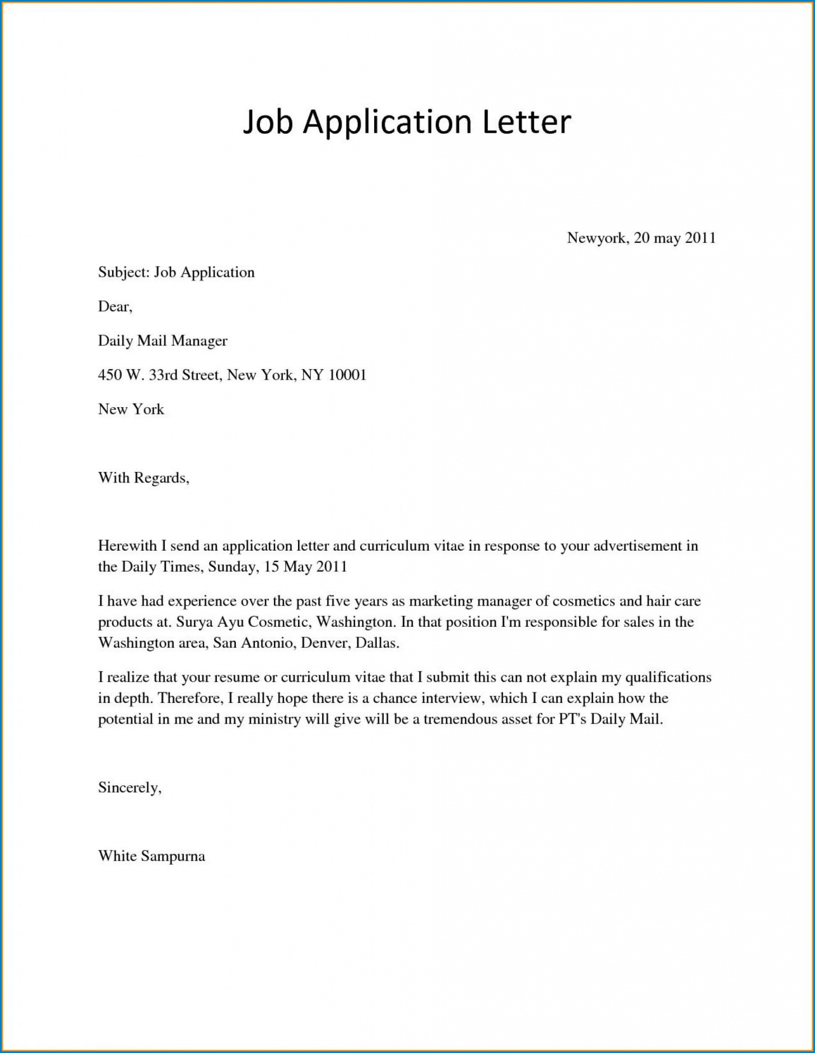 √ Simple Cover Letter For Job Application